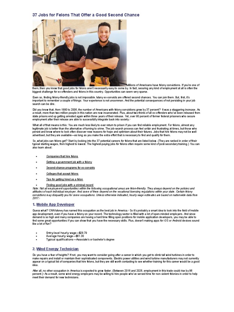 37 Jobs For Felons That Offer A Good Second Chance | PDF | Felony ...