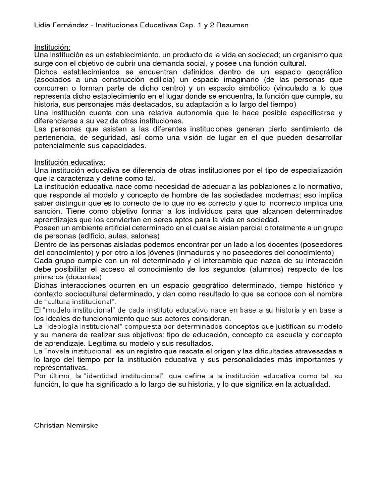Resumen de Instituciones Educativas: Cap. 1 y 2 | PDF | Institución ...