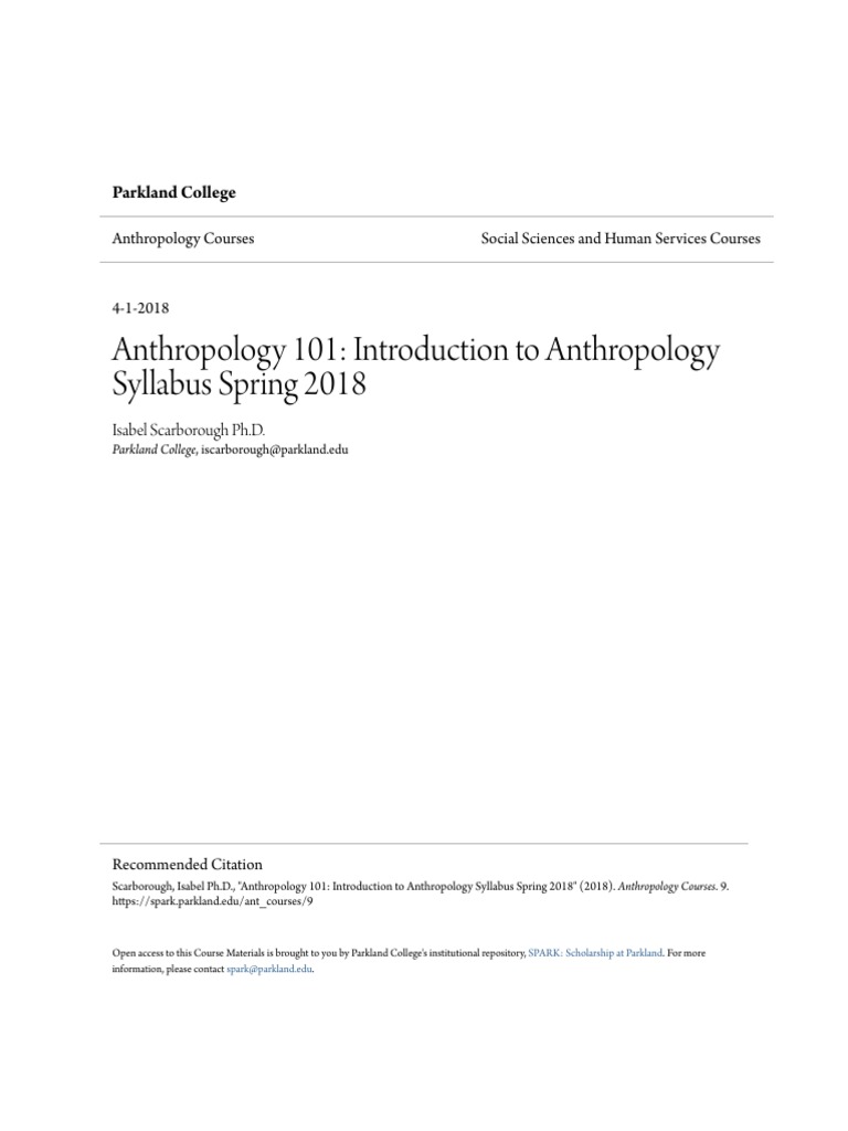 Anthropology 101 Introduction To Anthropology Syllabus Spring 20 | PDF