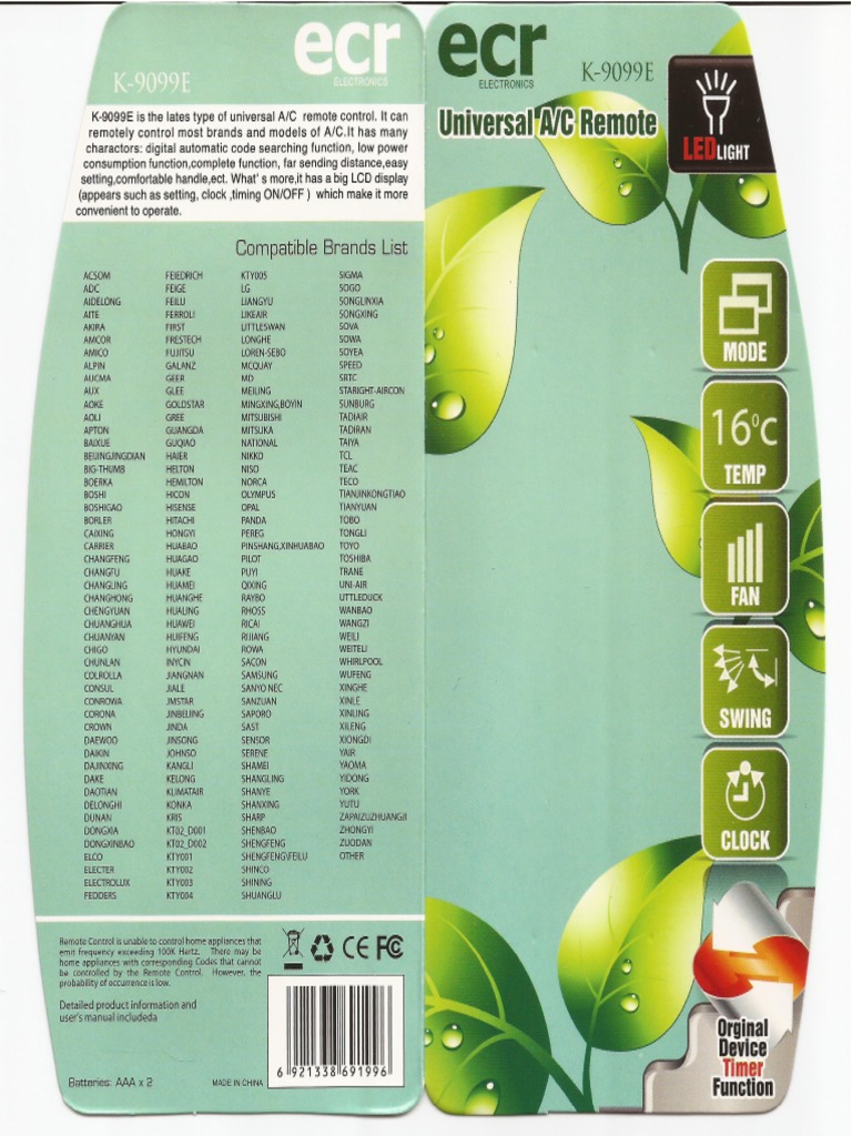 ECR Universal Air Conditioner Remote Control K-9099E | PDF