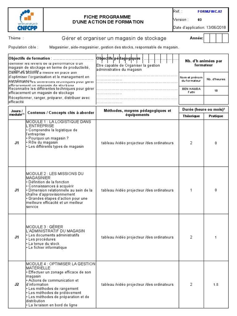 Fiche Programme de Formation Stock | PDF | Inventaire | Logistique