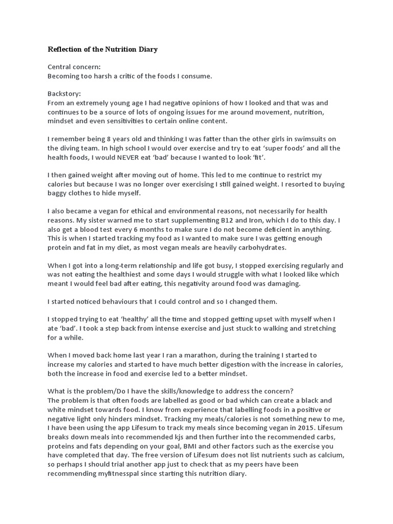 Nutrition Diary Reflection and Insights | PDF | Diet (Nutrition) | Diet ...