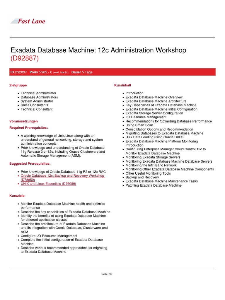 Exadata Database Machine: 12c Administration Workshop: Dauer 5 Tage | Download Free PDF ...