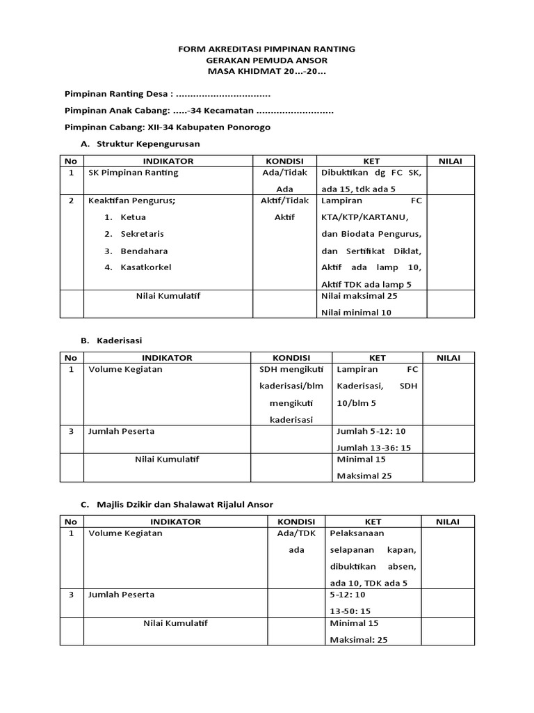A FORM AKREDITASI PIMPINAN RANTING Ansor Ponorogo | PDF