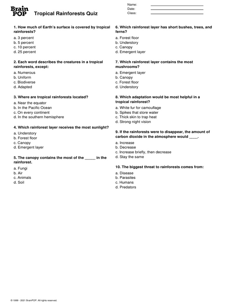 Tropical Rainforests Quiz: © 1999 - 2021 Brainpop. All Rights Reserved ...