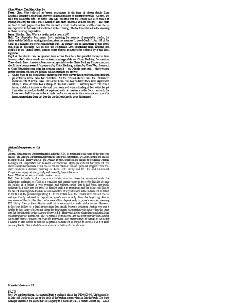 Chan Wan v. Tan Kim Chen So Facts: Chan Wan Collected Its Bearer ...