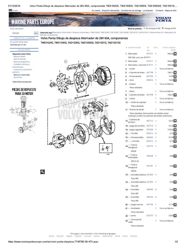 Volvo Penta Dibujo de Despiece Alternador de 28V 60A, Componentes ...