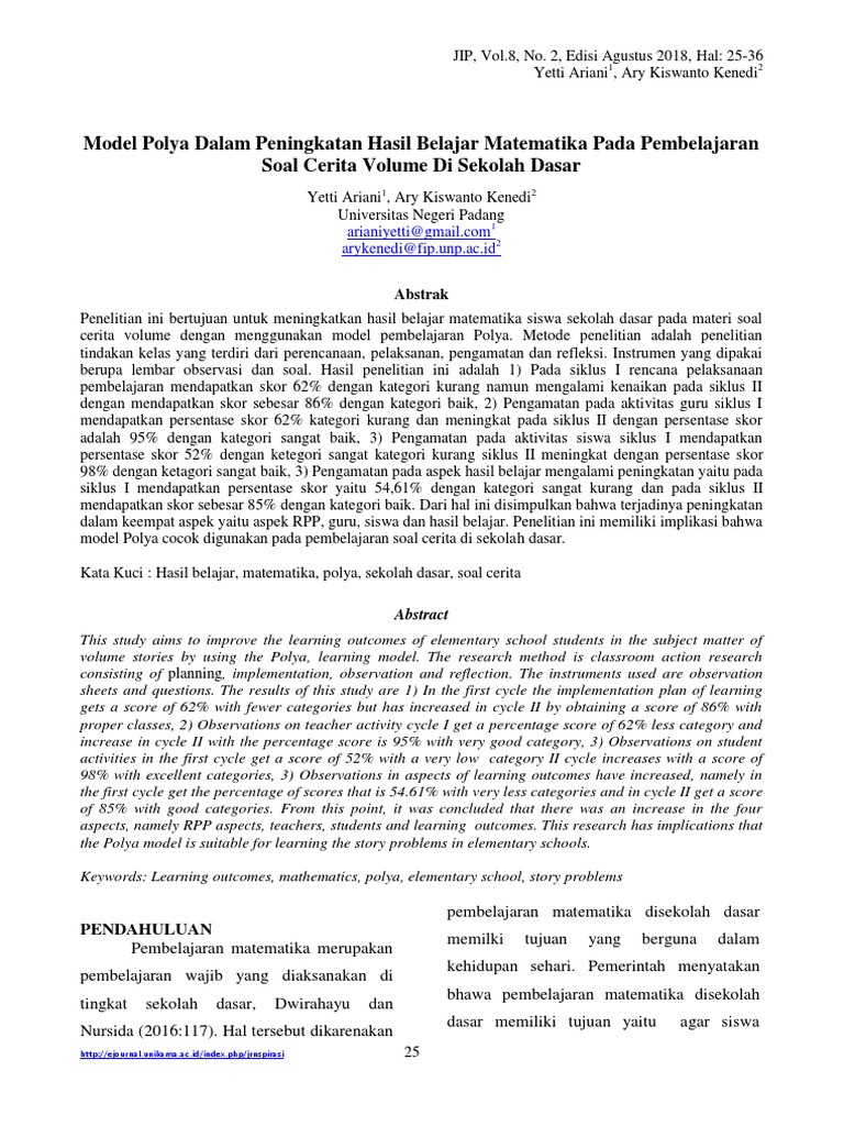 Model Polya Dalam Peningkatan Hasil Belajar Matematika Pada Pembelajaran Soal Cerita Volume Di ...
