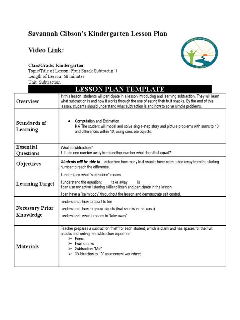 Kindergarten Subtraction Lesson Plan | PDF | Lesson Plan | Subtraction