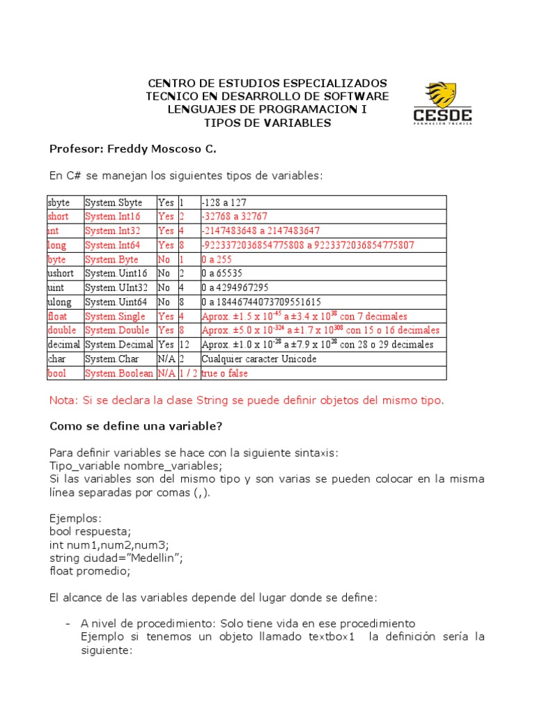Tipos de Variables en Visual C# | PDF | C Sharp (lenguaje de programación) | Programación ...