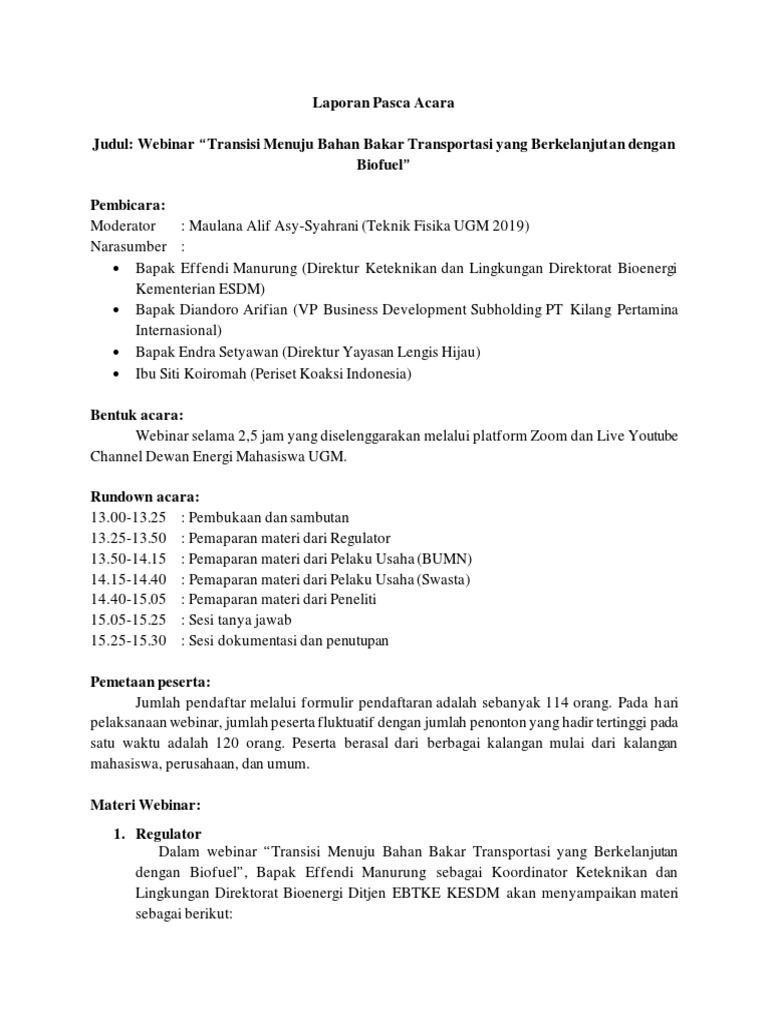Laporan Pasca Acara - Webinar Biofuel | PDF