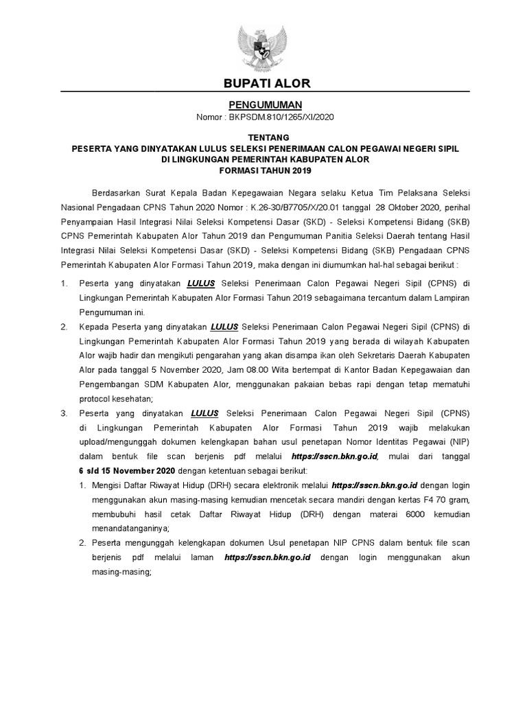Pengumuman Kelulusan CPNS Kab. Alor Formasi 2019 | PDF | Pengelolaan Keuangan & Uang | Hukum