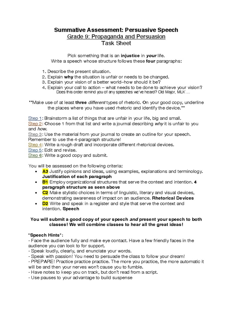 Injustice Persuasive Speech Summative Assessment Task and TSC | PDF ...