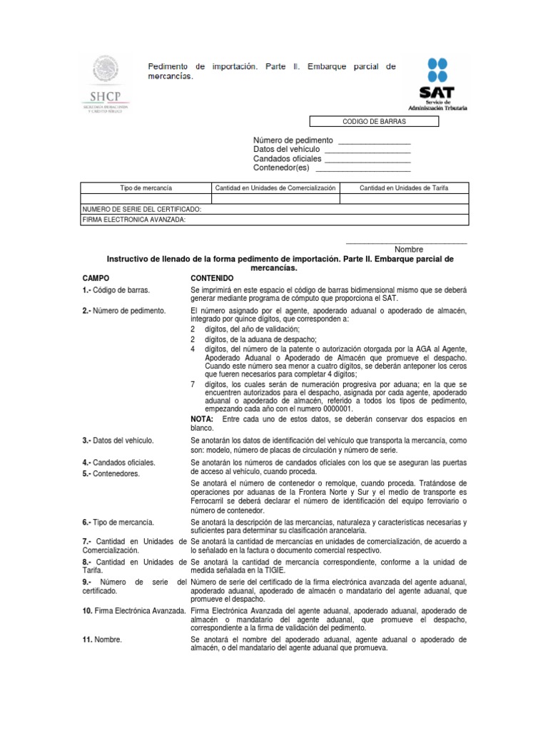 Instructivo de Llenado de La Forma Pedimento de Importación. Parte II ...