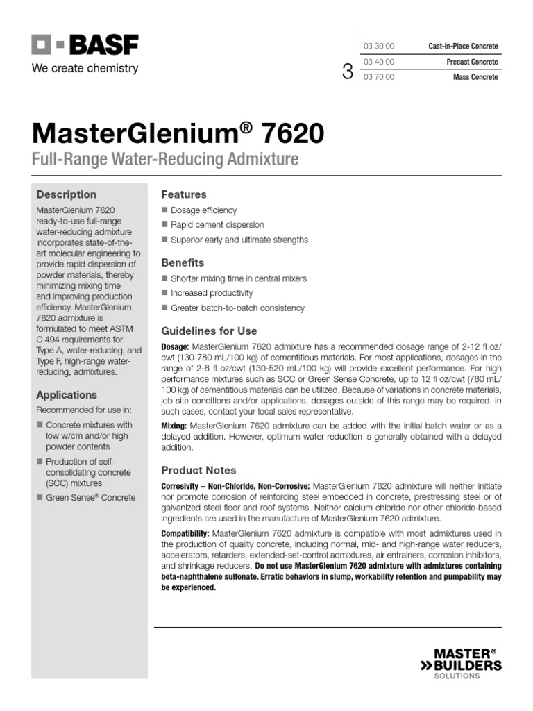 Masterglenium 7620: Full-Range Water-Reducing Admixture | PDF | Concrete | Cement