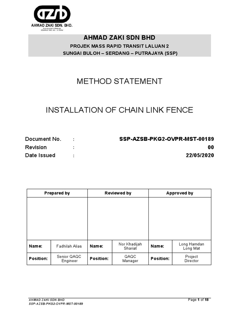 Method Statement: Ahmad Zaki SDN BHD | PDF | Personal Protective ...