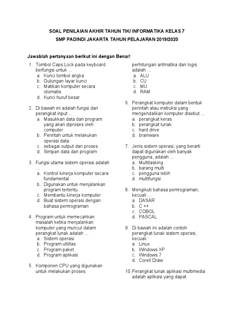 Soal Pat Tik Kelas 7 | PDF | Game & Aktivitas | Komputer