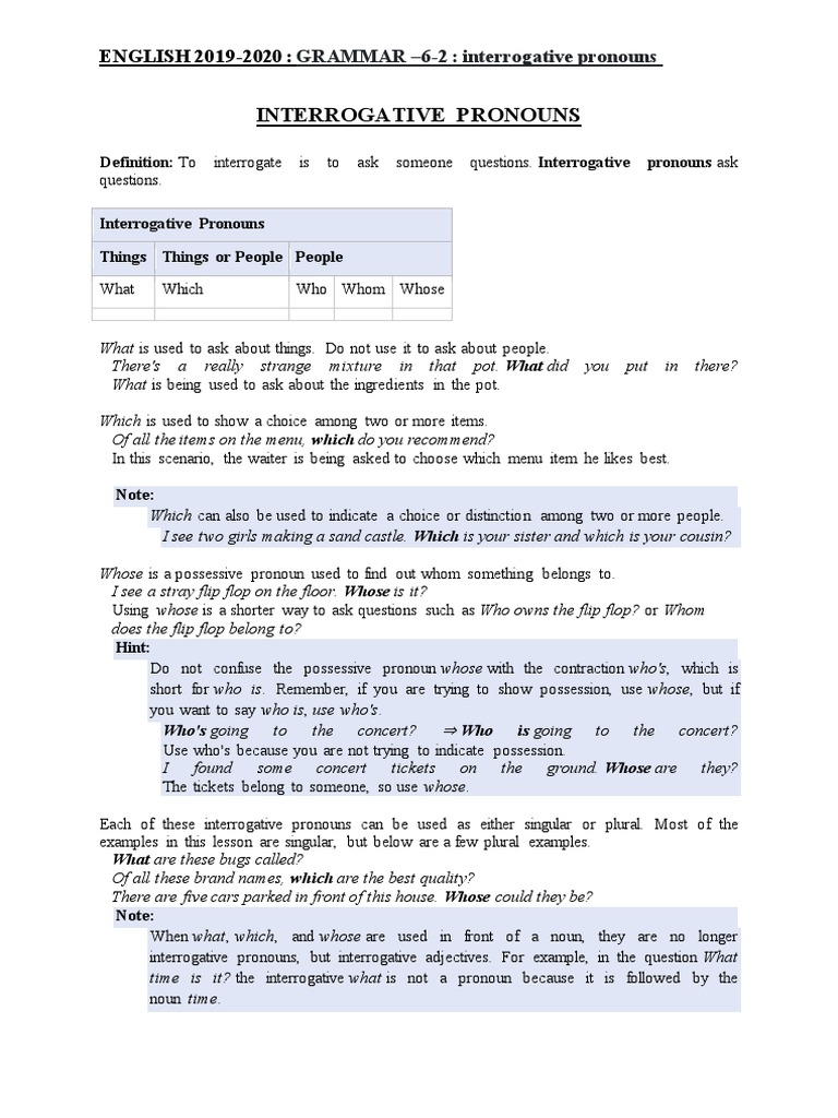 Interrogative Pronouns - Grammar-6-2 | PDF | Pronoun | Syntax