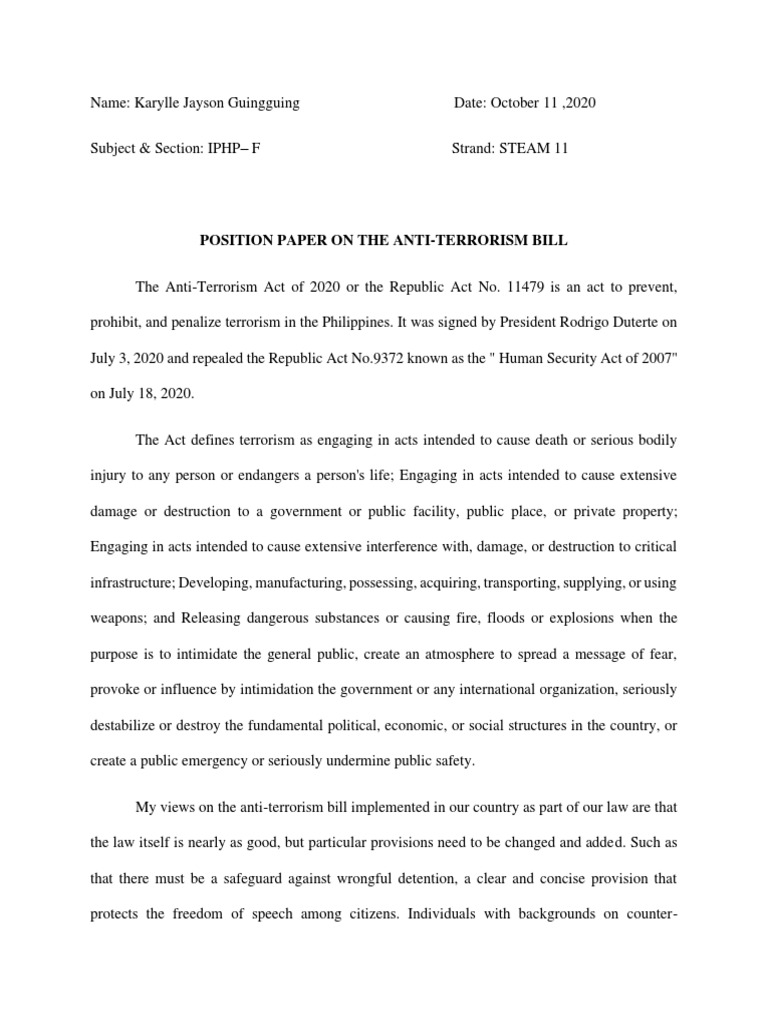 (Position Paper) Anti - Terrorism Act of 2020 | PDF | Counter Terrorism | Government And Personhood