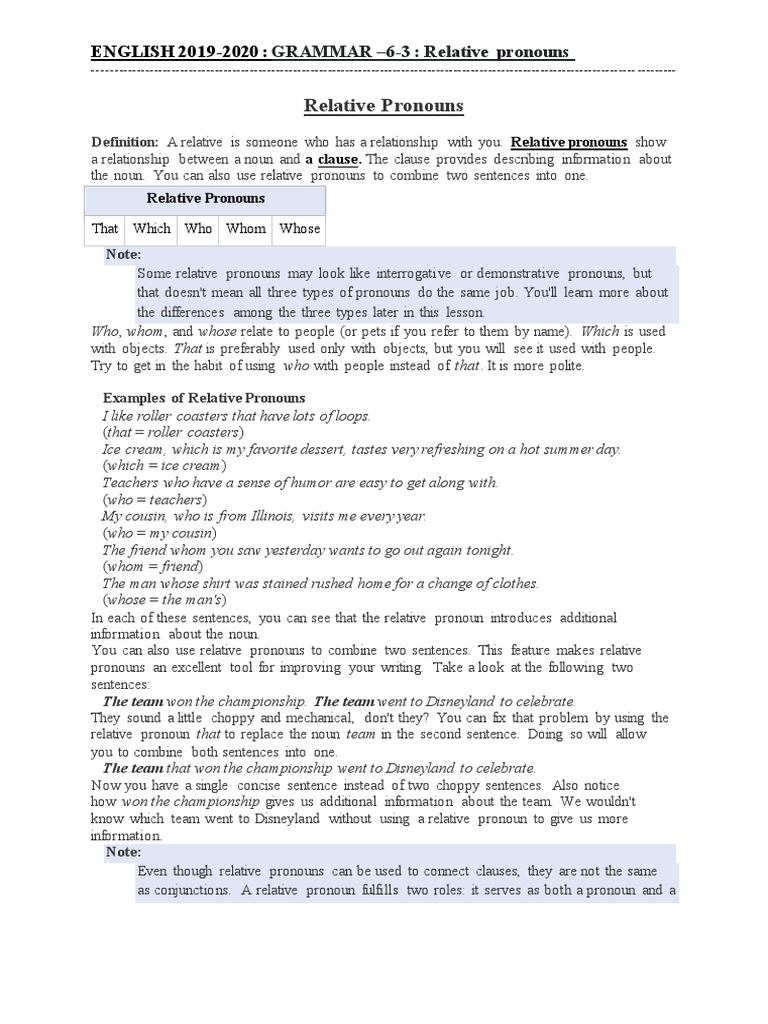 Relative Pronouns - Grmmar 6-3 | PDF | Pronoun | Clause