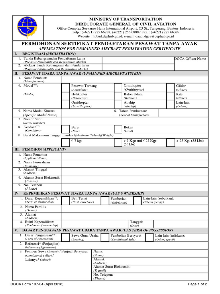 DGCA Form 107-04 UAS Registration Application Form | PDF
