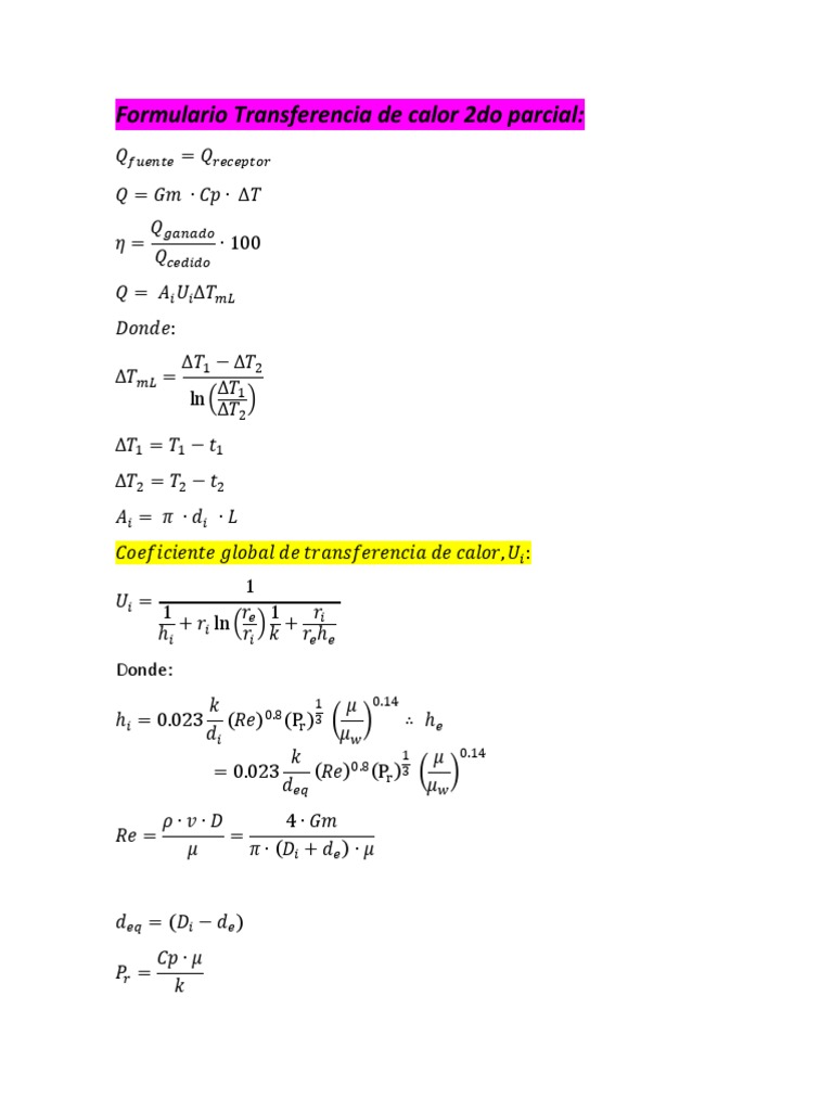 Formulario Transferencia de Calor 2do Parcial | PDF