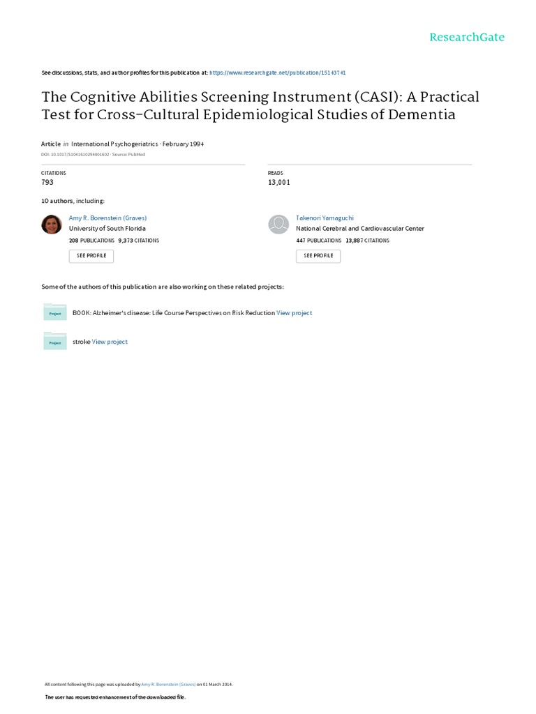 The Cognitive Abilities Screening Instrument (CASI) : A Practical Test ...