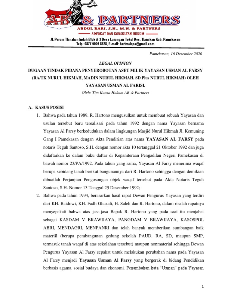 Contoh Legal Opinion Perkara Sengketa Yayasan | PDF