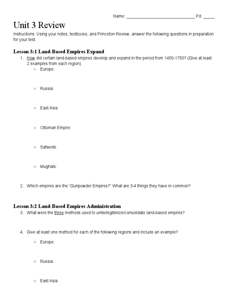 Unit 3 Review: Lesson 3:1 Land-Based Empires Expand | PDF