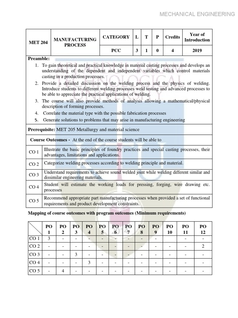 MET 204 Manufacturing Process | PDF | Casting (Metalworking) | Welding