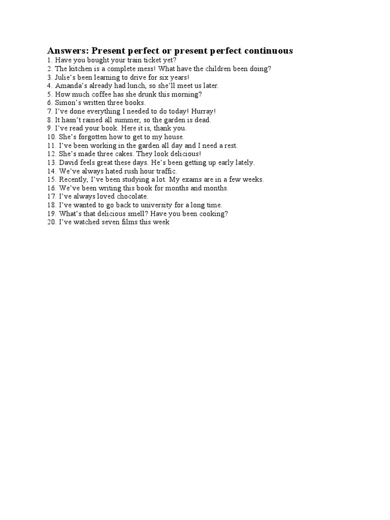 KEY - Present Perfect or Perfect Cont Unit 2 - Grammar-Answers | PDF