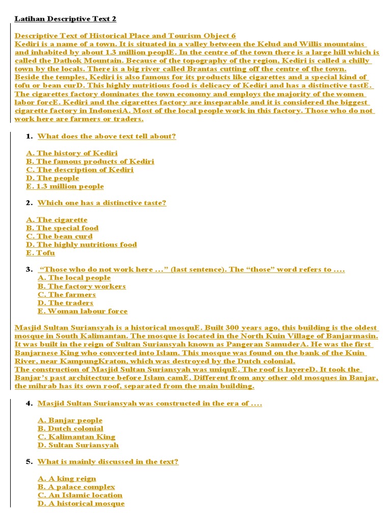 Latihan Soal Descriptive Text 2 Soal | PDF | Tourism And Leisure