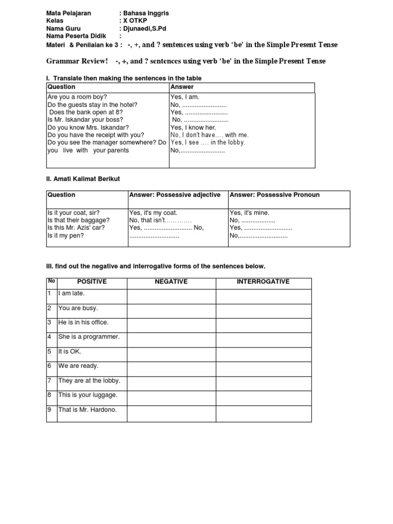 Bhs. Inggris - X OTKP - Materi & Penugasan 3 - Grammar Review - Simple Present Tense