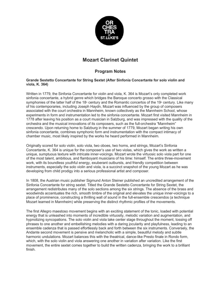 Mozart Clarinet Quintet: Program Notes | PDF | Concerto | Wolfgang ...