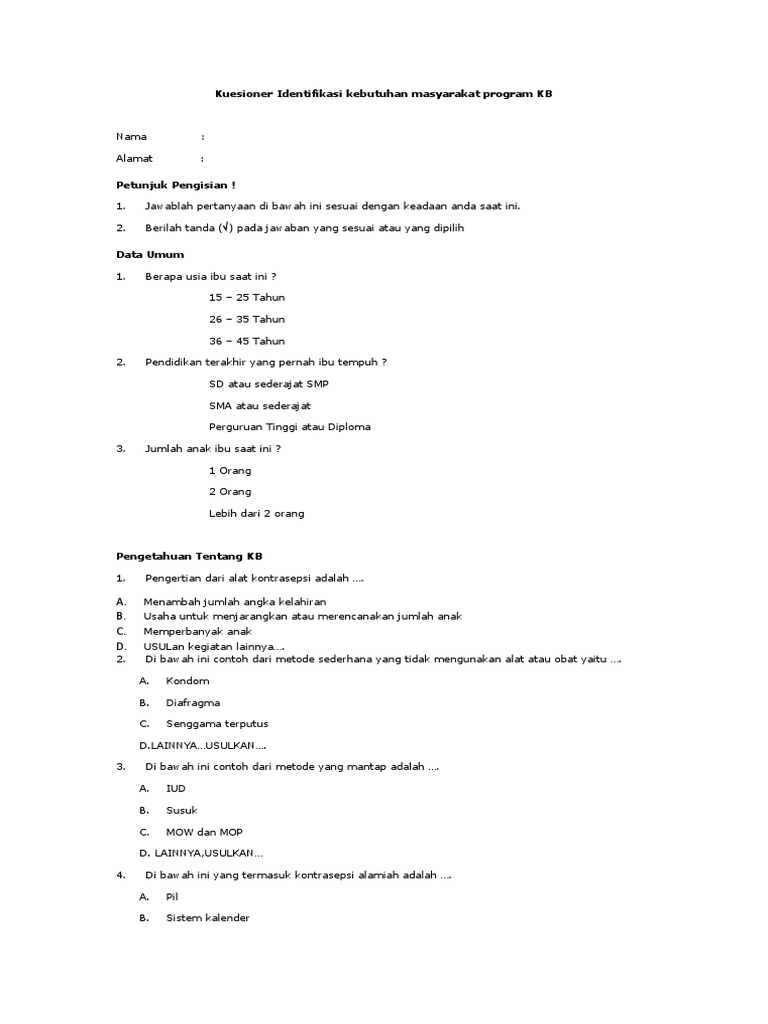 Kuesioner Kebutuhan Program KB | PDF