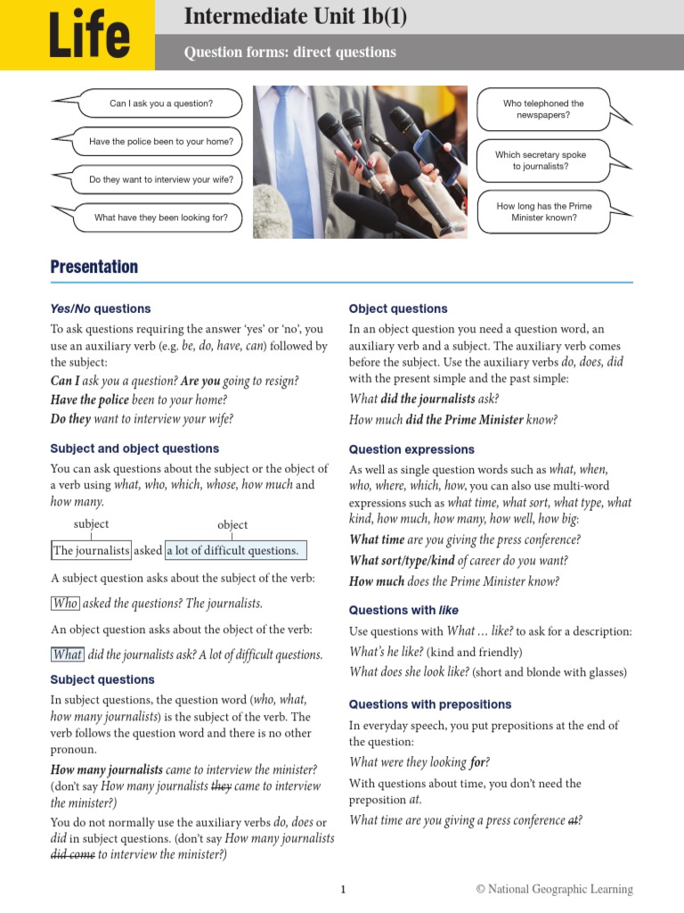 Intermediate GW 01b-1 | PDF | Question | Subject (Grammar)