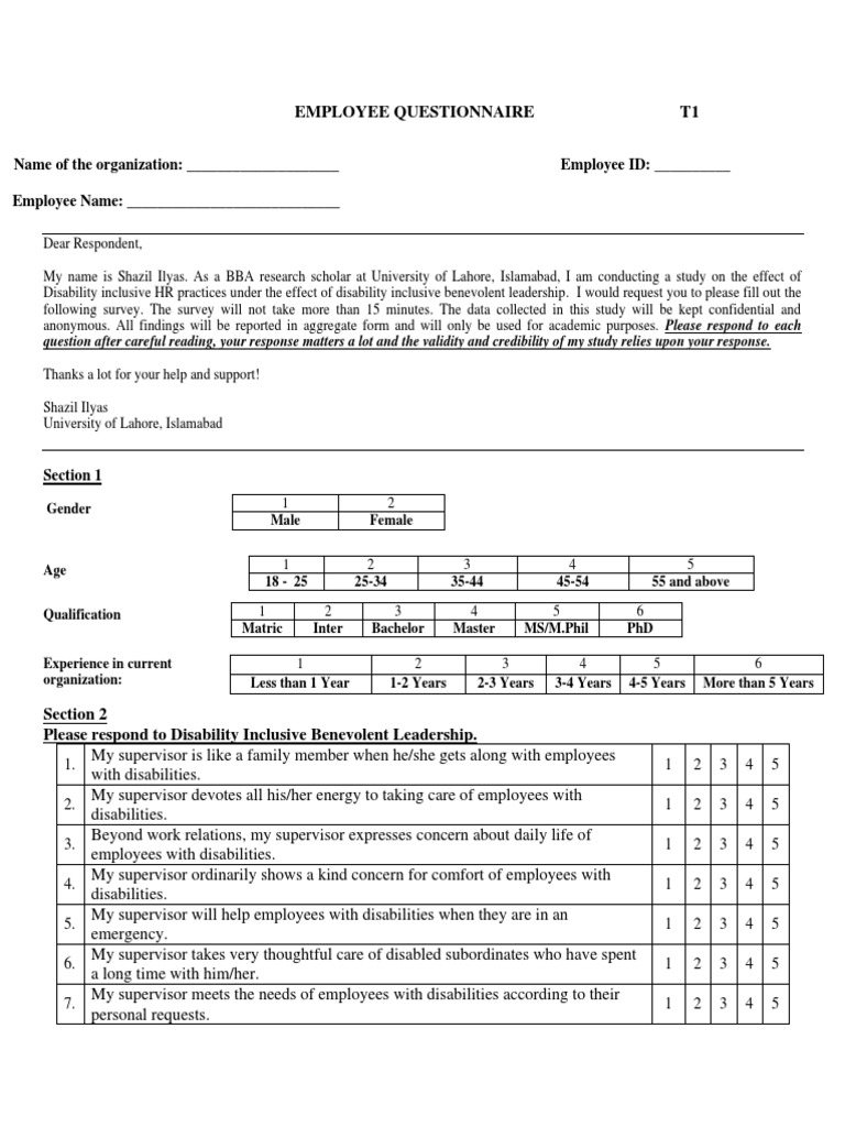 Questionnaire Sample | PDF | Supervisor | Disability