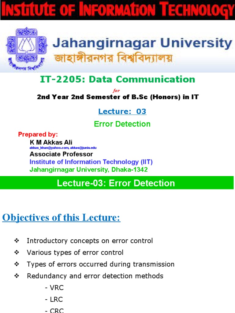 IT-2205 Lec 03 Error Detection & Correction-1 | PDF | Error Detection And Correction | Computer Data