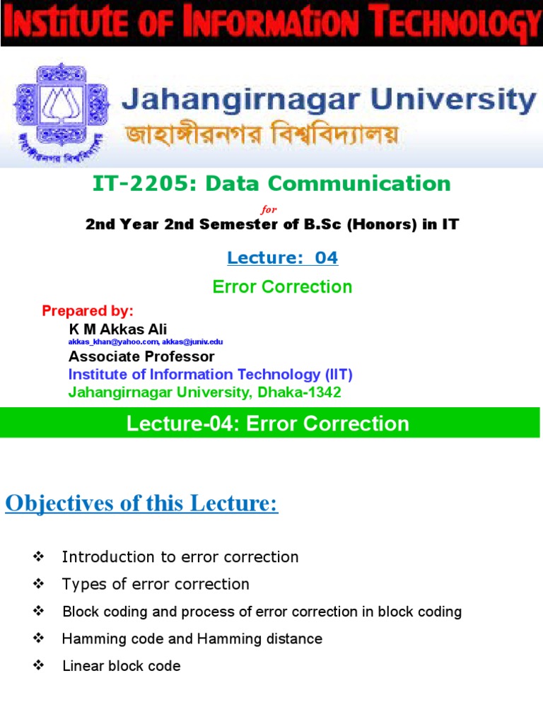 It 2205 Lec 04 Error Detection And Correction 2 Pdf Fault Tolerance Computer Programming