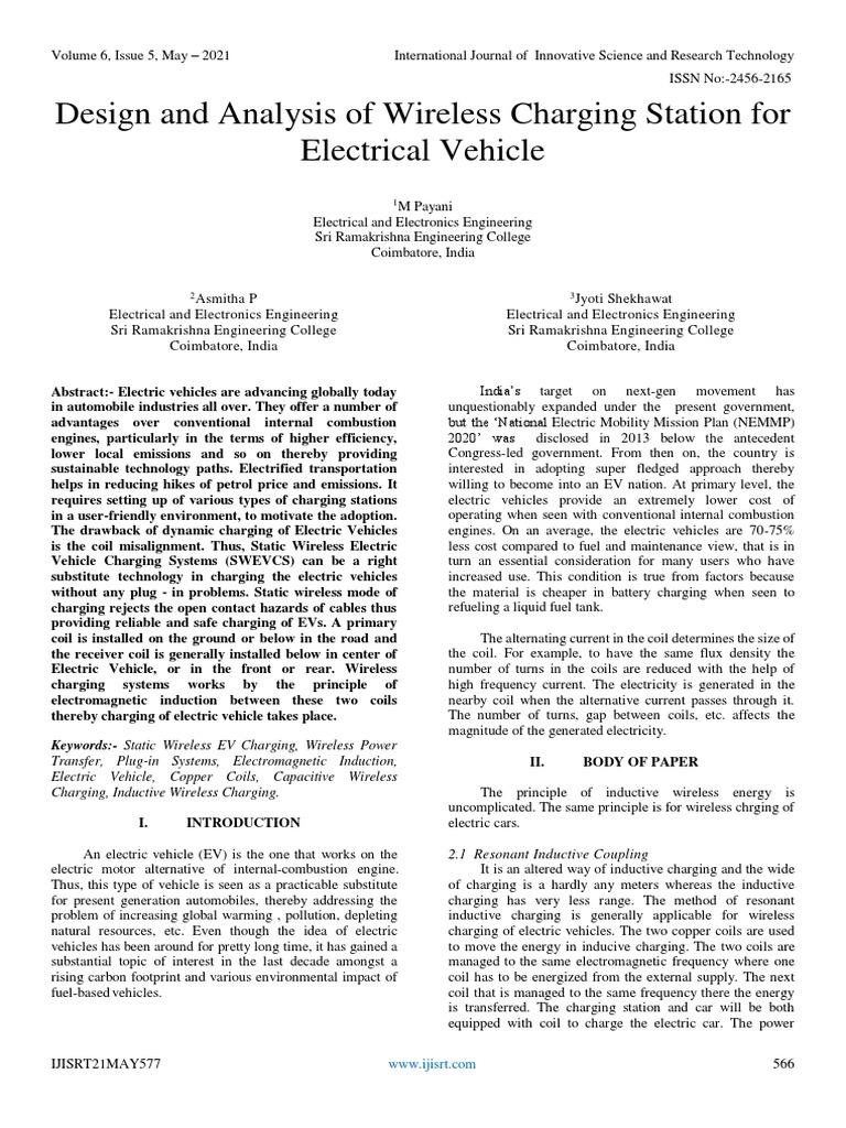 Design and Analysis of Wireless Charging Station For Electrical Vehicle ...