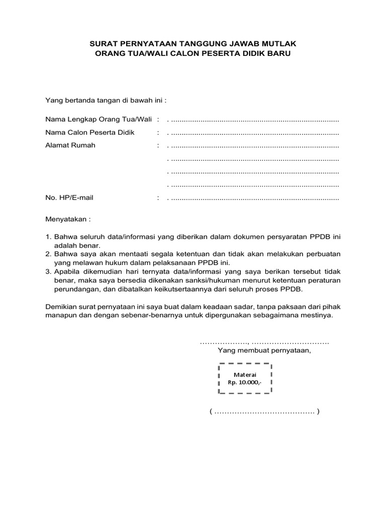 Surat Pernyataan PPDB Orang Tua | PDF | Hukum