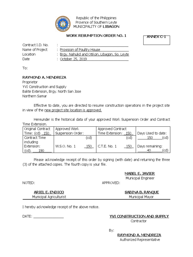 Work Resumption Order | PDF