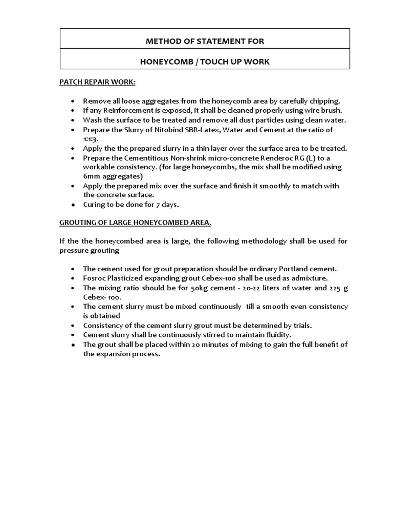 Methodology For Honeycomb Repair | PDF | Concrete | Cement