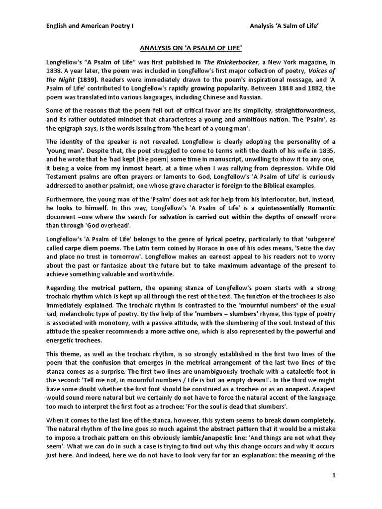 Analysis On 'A Psalm of Life' | PDF | Henry Wadsworth Longfellow | Poetry