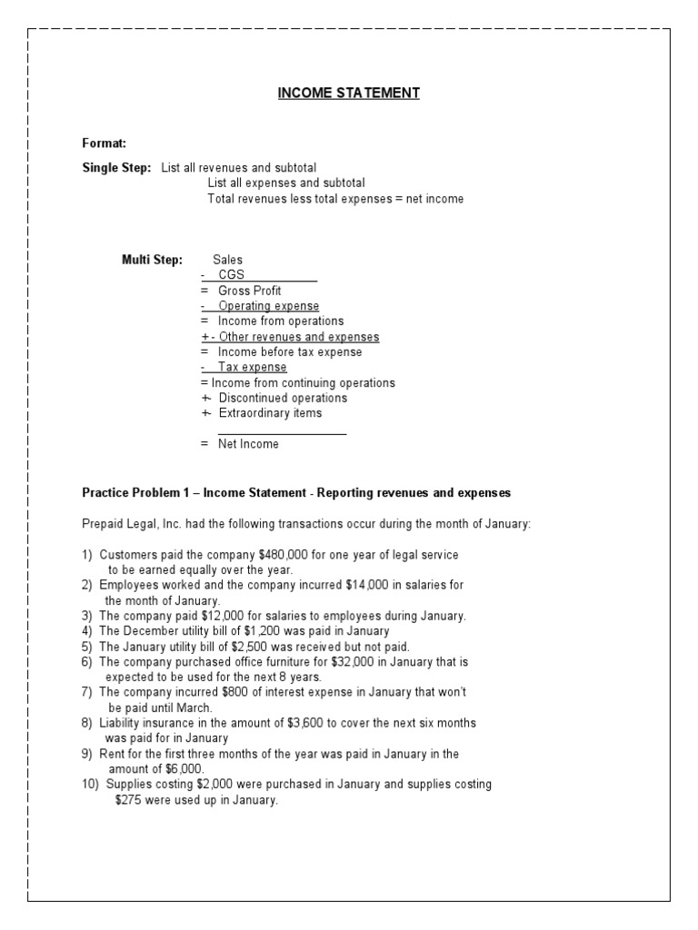 Income Statement: Format: Single Step: List All Revenues and Subtotal ...