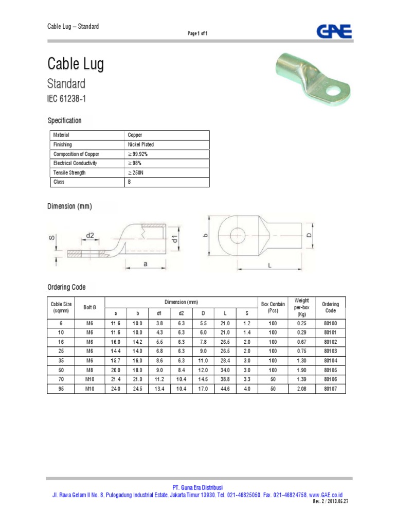 Copper Cable Lugs IEC 61238-1 Specs | PDF