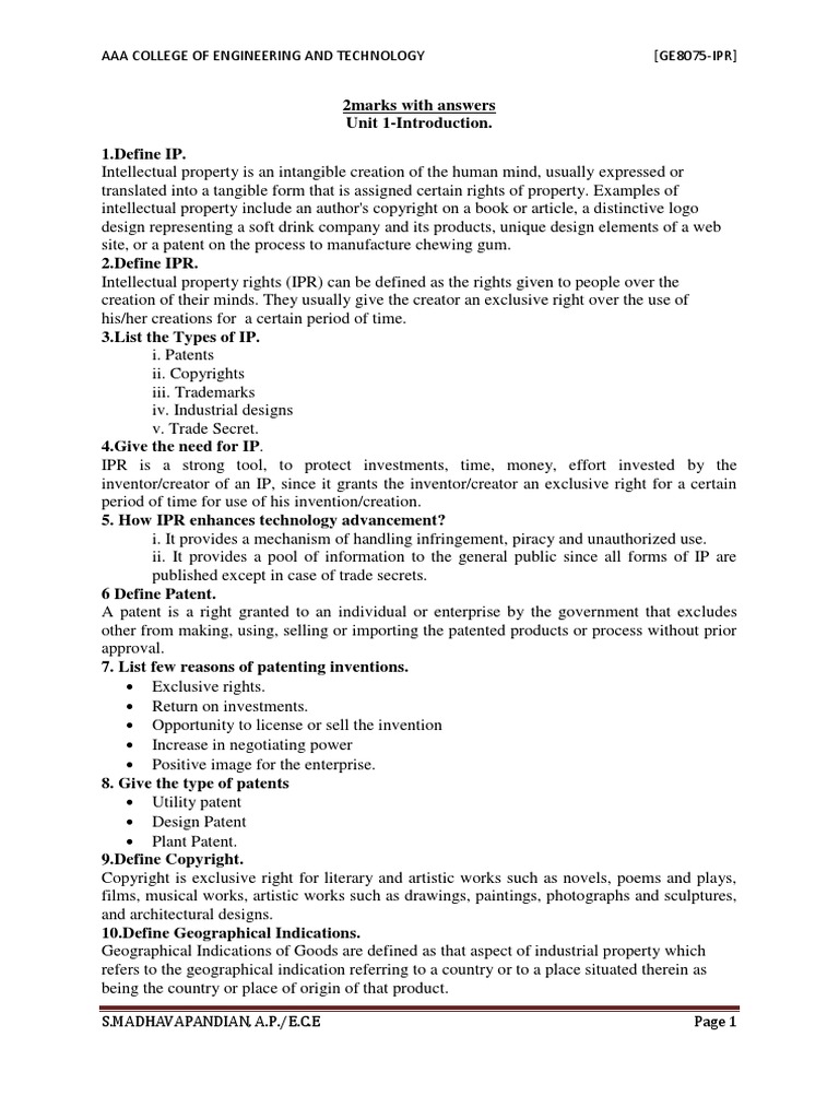 IPR 2 Marks With Answers Unit 1 | PDF | Trips Agreement | Intellectual ...