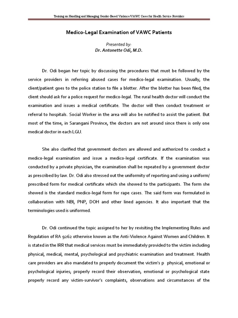Proper Medico-Legal Examination and Documentation in Gender-Based ...