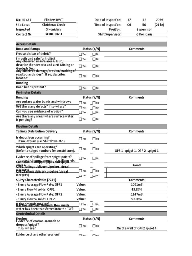 TSF - Daily & Monthly Inspection Sheet | PDF | Geotechnical Engineering ...