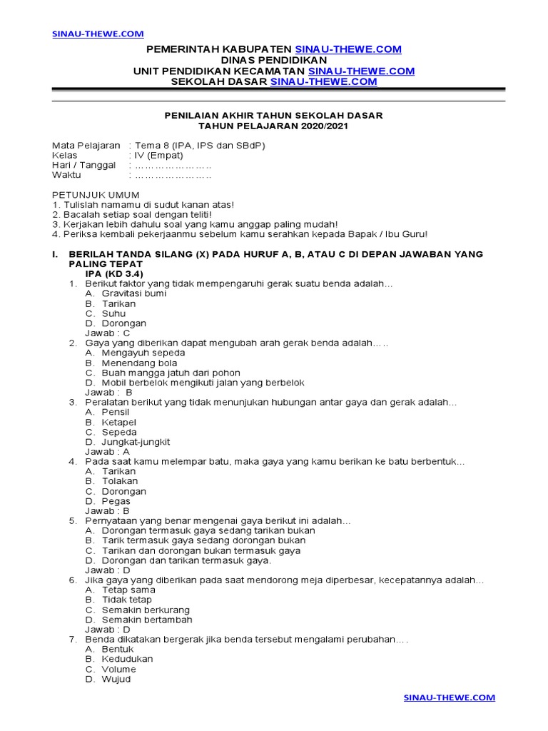 PAS Kelas IV Tema 8 (IPA, IPS Dan SBDP) Semester 2 Tahun 2020-2021 | PDF
